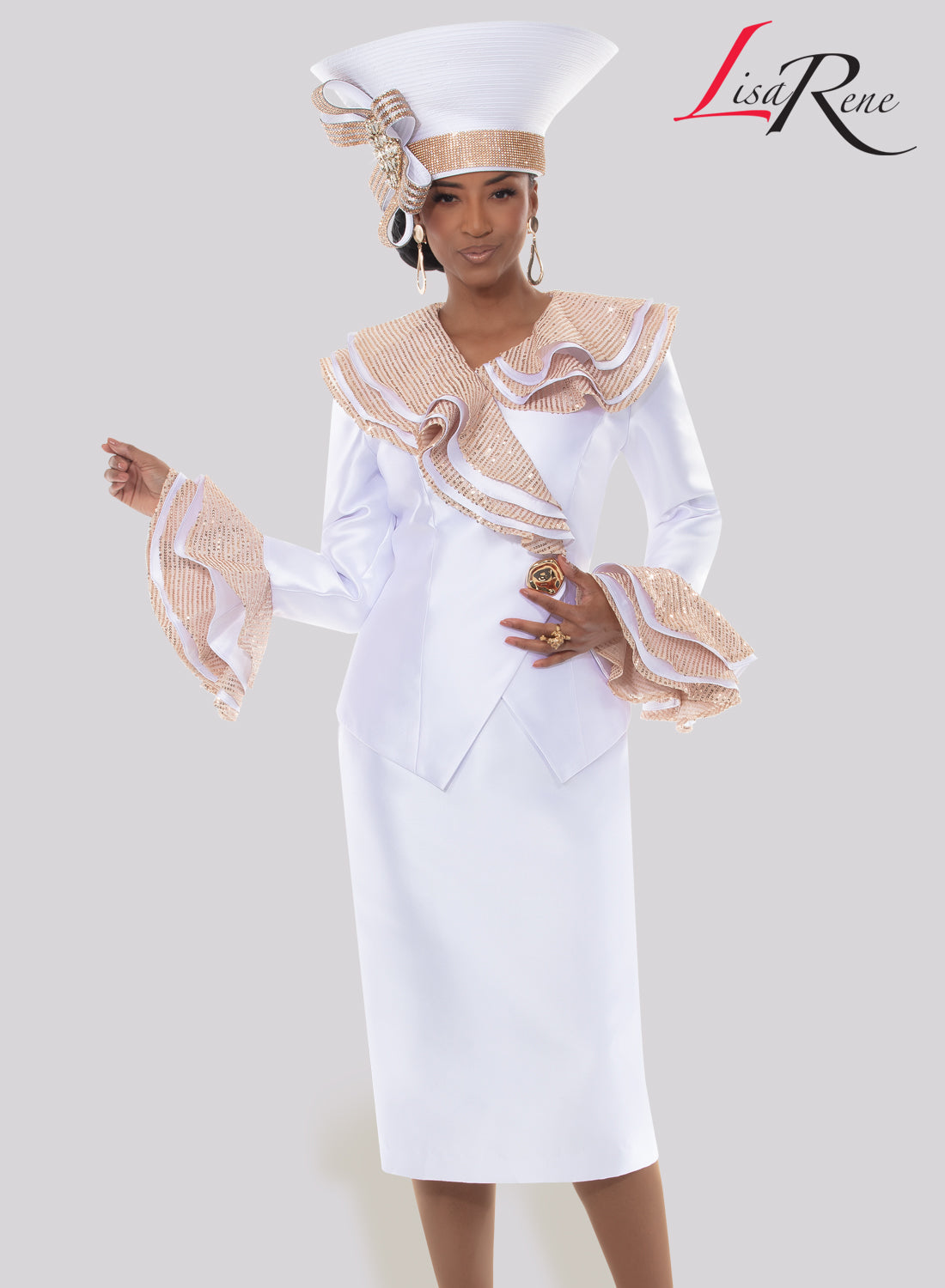 Lisa Rene' Women’s Dress Hat – Sequin, Button-Front in White – Women Suits